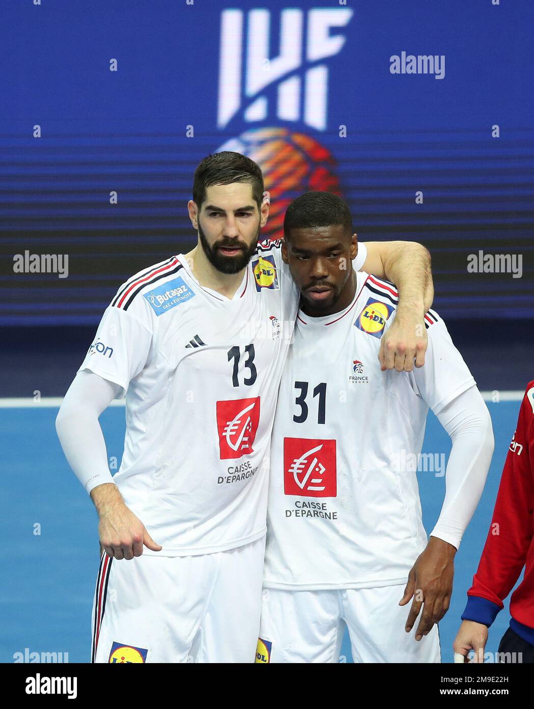 Nikola KARABATIC of France und Dylan Nahi of France Slovenia vs France 28th IHF Men`s Handball ...